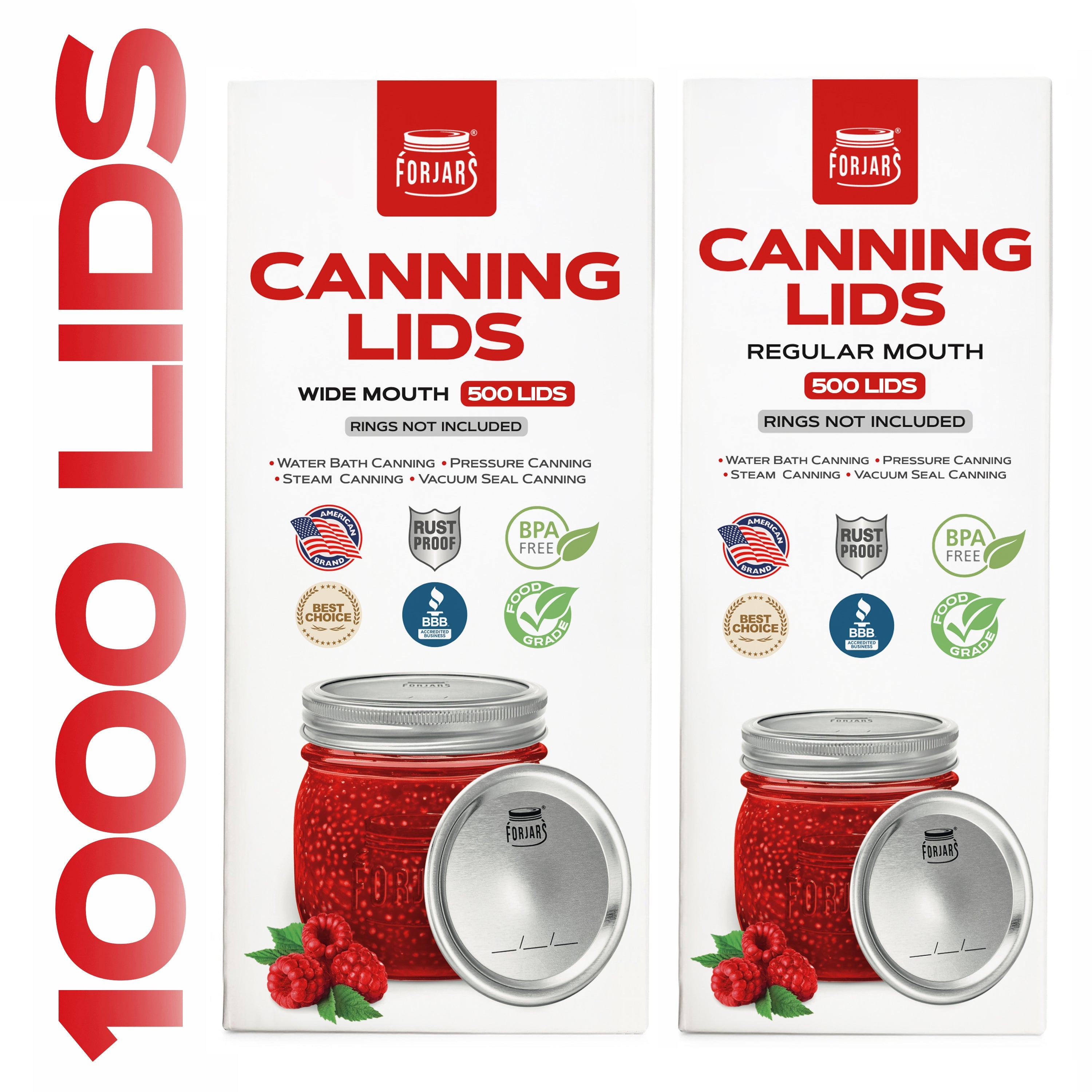 Forjars® - 1000 Count : 500 Regular Mouth + 500 Wide Mouth Canning Lid ...
